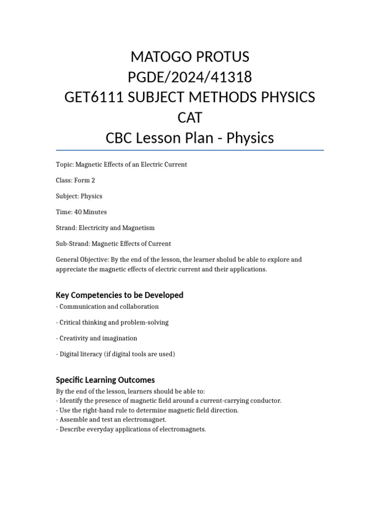 Physics Lesson Plan: Magnetic Effects | PDF