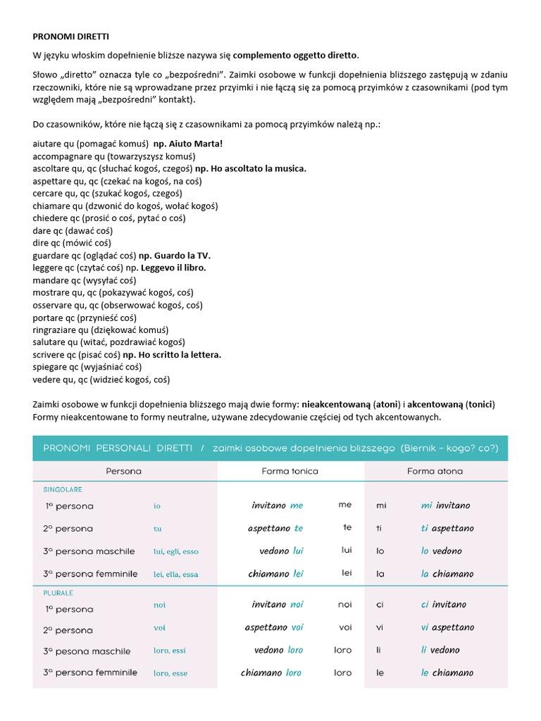 Pronomi Diretti Complemento Oggetto Diretto: Nieakcentowaną Akcentowaną | PDF