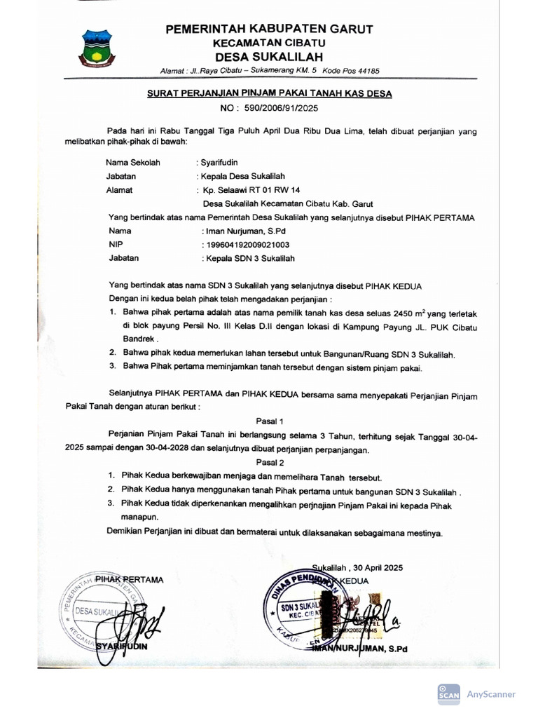 Surat Perjanjian Pinjam Pakai Tanah Kas Desa - SDN 3 Sukalilah | PDF