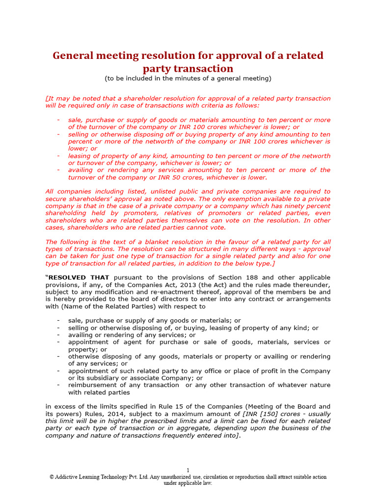 Sample Shareholder Resolution To Approve Related Party Transactions ...