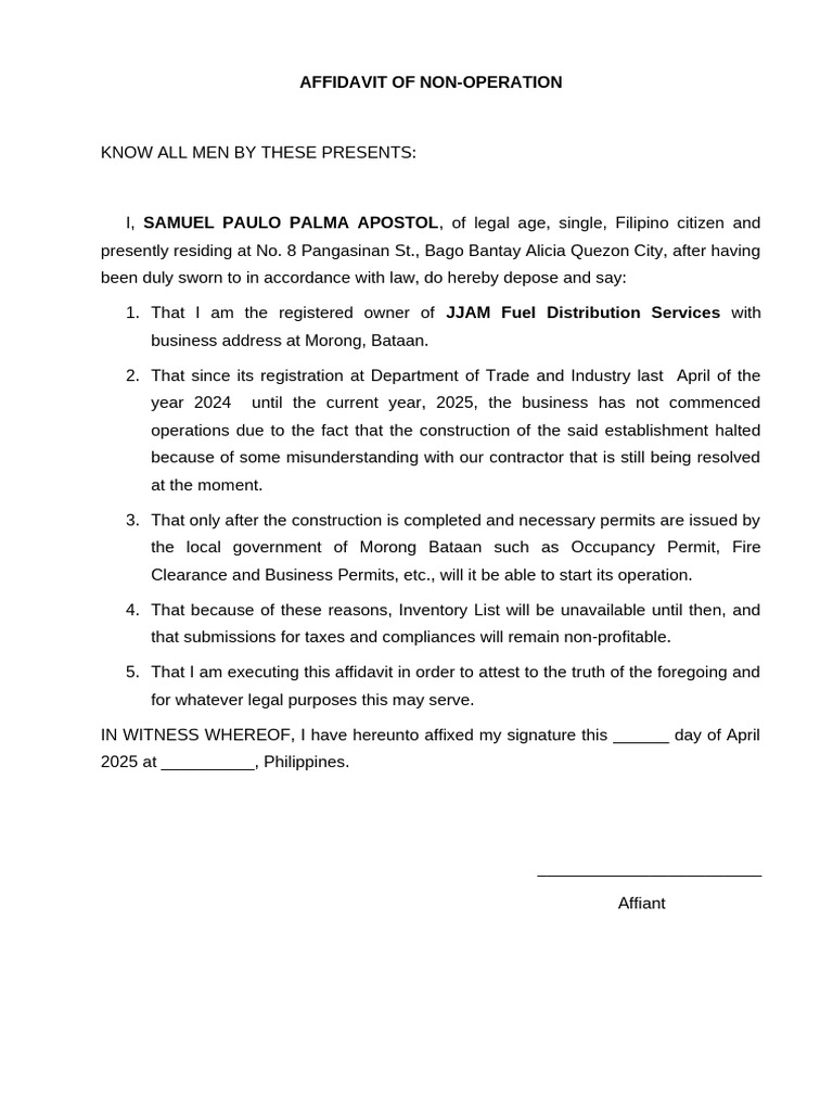 Affidavit of No-Operation | PDF | Affidavit | Power Of Attorney