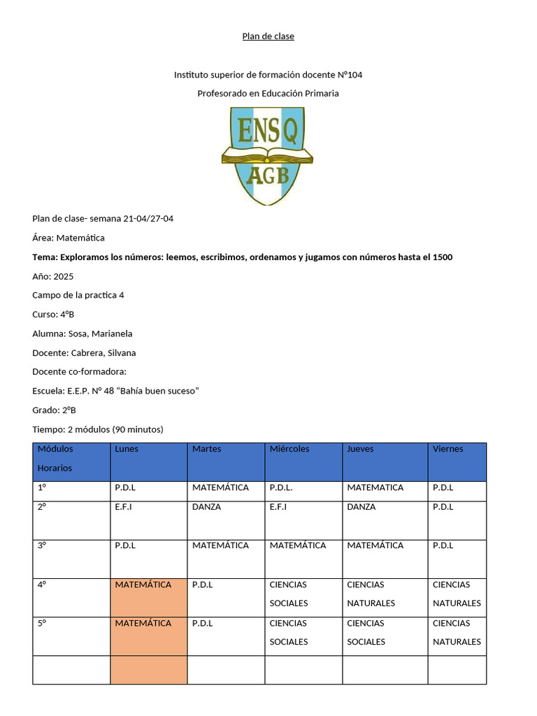 Plan de Clase Matematica | PDF | Educación primaria | Constructivismo (filosofía de la educación)