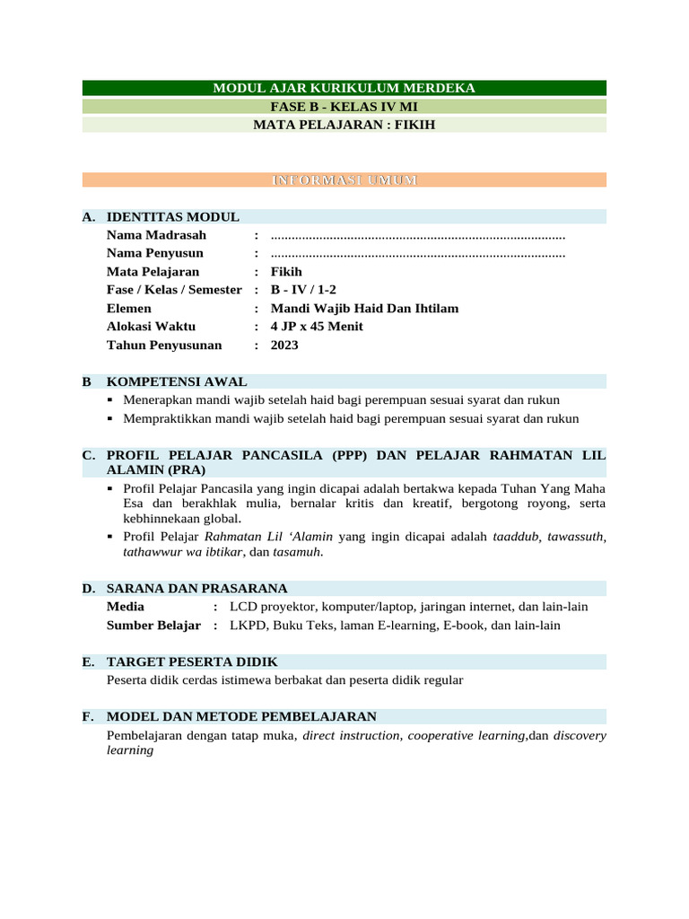 Modul FIkih 4 Bab 3 - Mandi Wajib Setelah Haid Dan Ihtilam | PDF