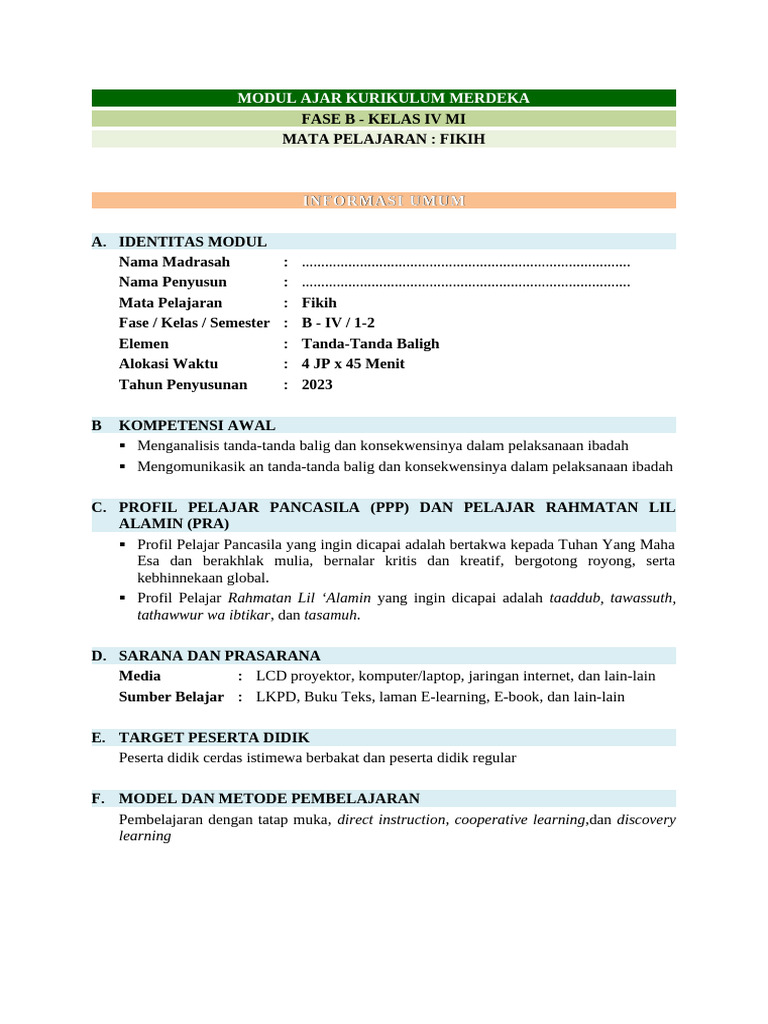 Modul FIkih 4 Bab 2 - Tanda-Tanda Baligh | PDF