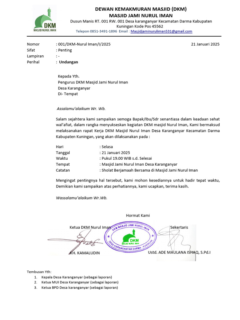 Surat Undangan Rapat Kerja DKM Nurul Iman | PDF