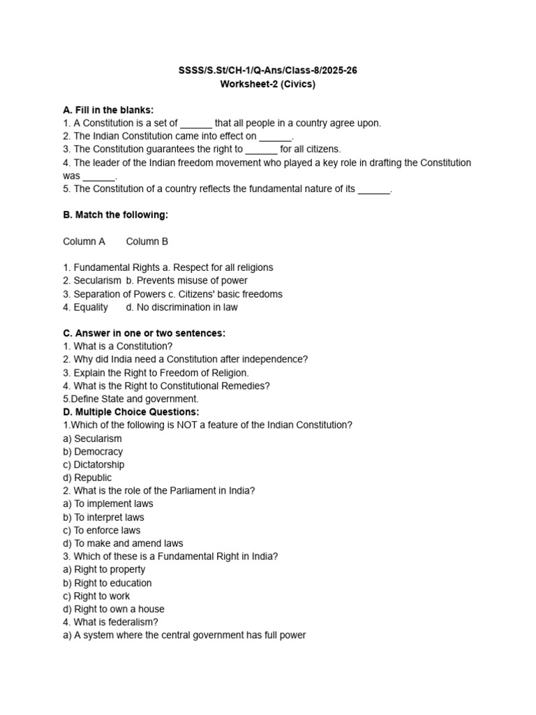 Resource 20250510130844 Class 8 Civics Worksheet - 2 | PDF