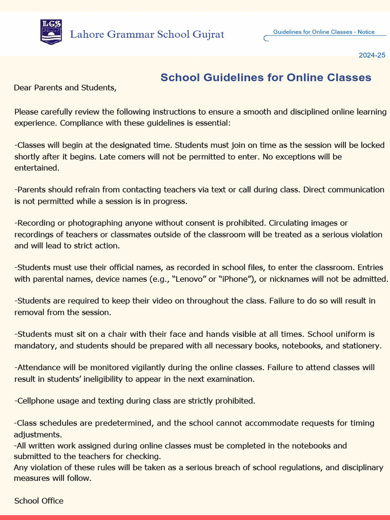 School Guidelines For Online Classes - Notice PDF | PDF