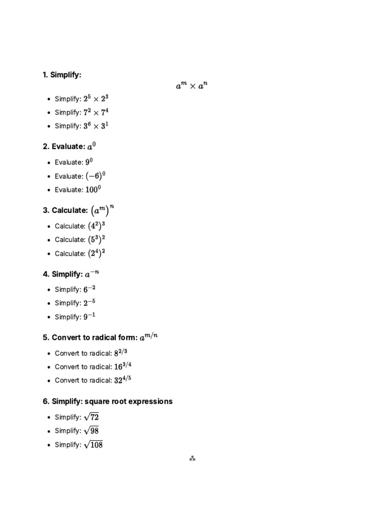Class 1. Exponents and Exponential Numebrs Homework | PDF