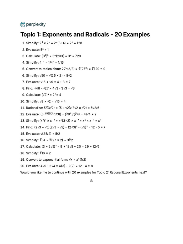 Topic 1 - Exponents and Radicals - 20 Examples | PDF