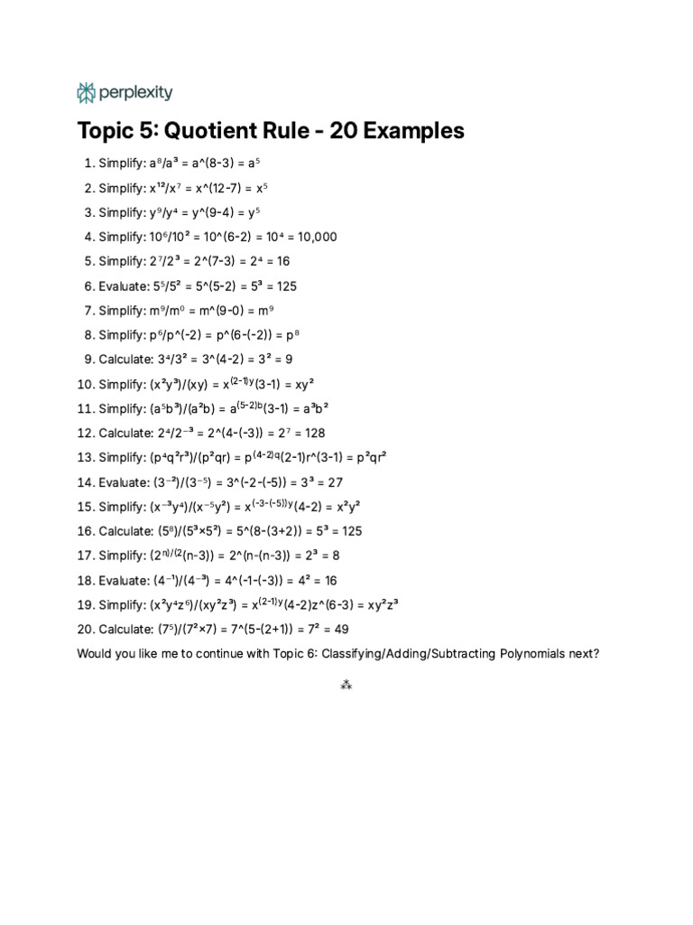 Topic 5_ Quotient Rule - 20 Examples | PDF
