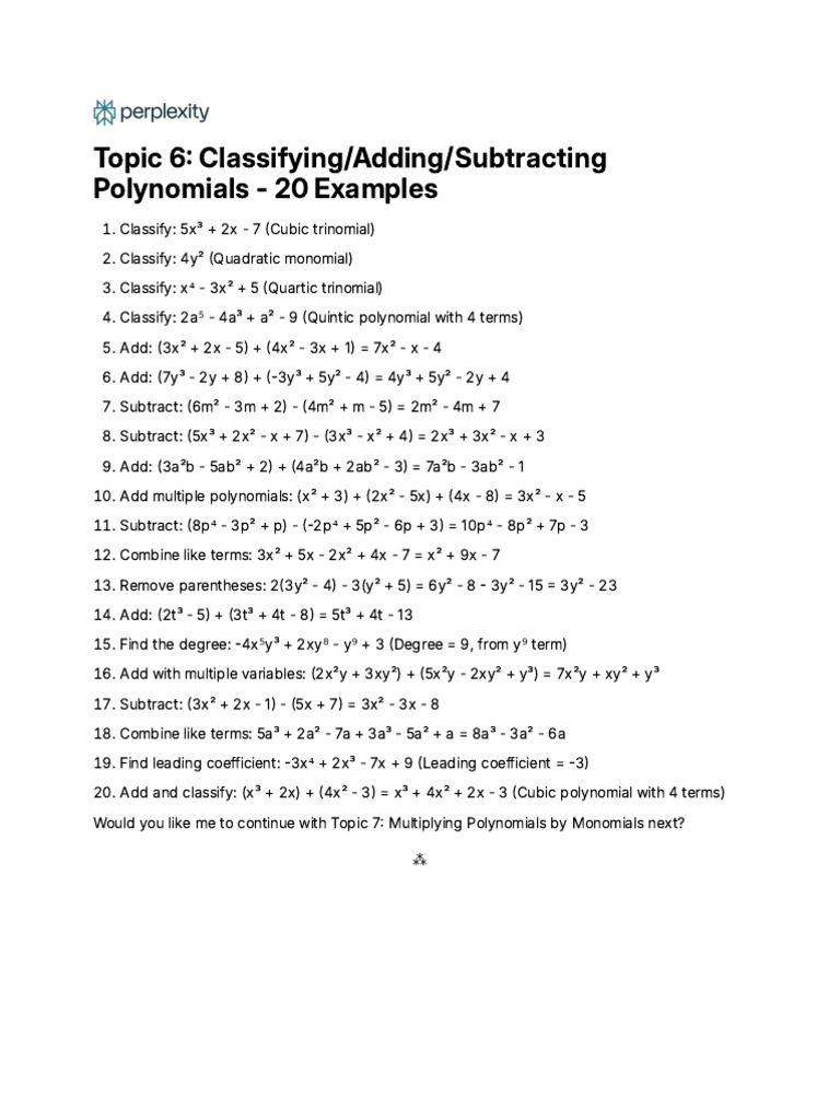 Topic 6 - Classifying - Adding - Subtracting Polynomial | PDF