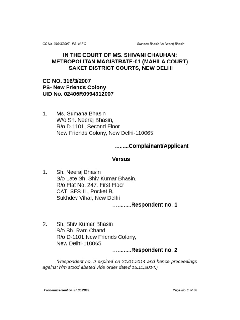 Sumana Bhasin Vs Neeraj Bhasin On 27 May 2015 | PDF | Affidavit ...