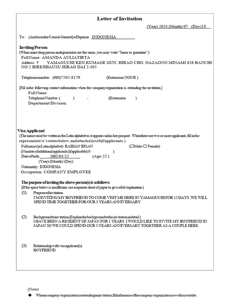 Invitation Letter for Japan Visa | PDF