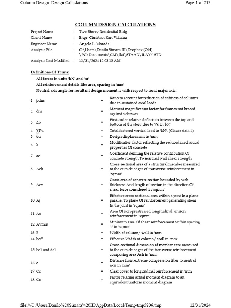 Column - Design Calculations | PDF | Bending | Column