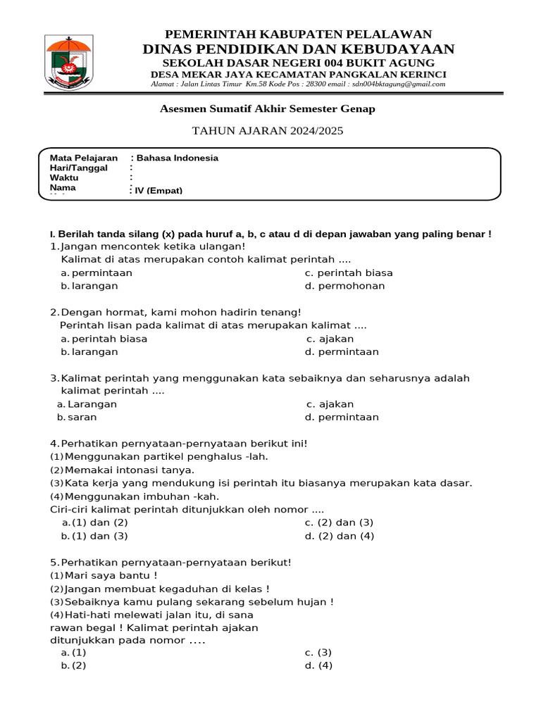 Soal Ujian Semester 2 Kelas 4 Bahasa Indonesia SDN 004 Bukit Agung | PDF