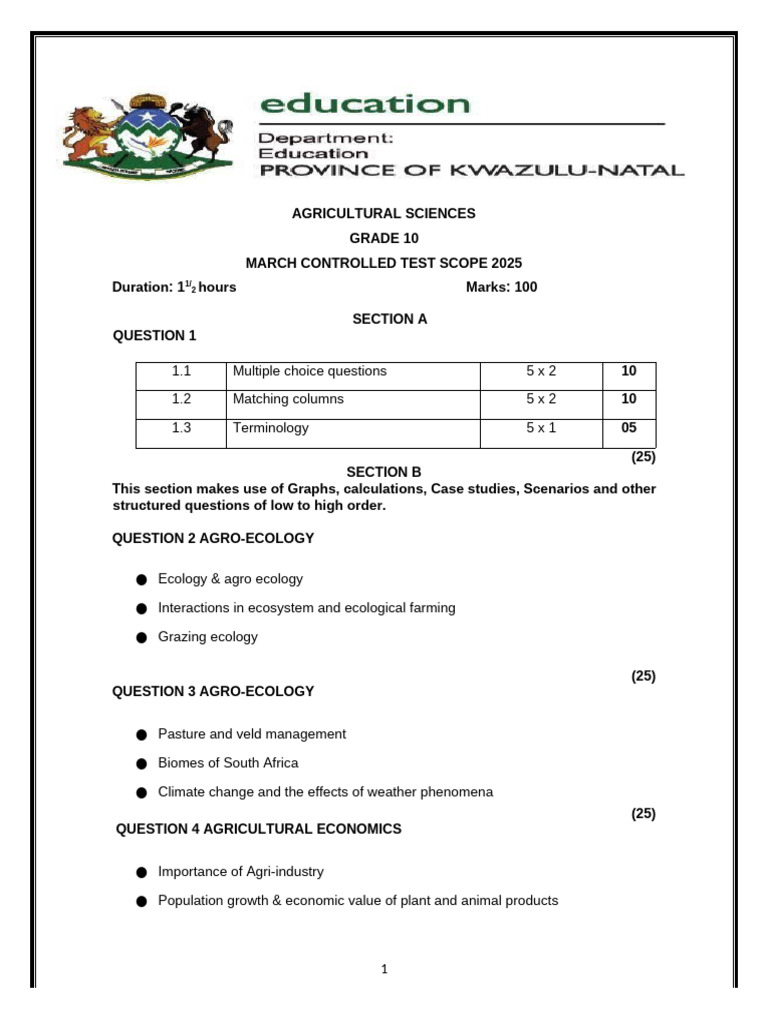 Grade 10 Agricultural Sciences Exam Scope | PDF | Agriculture | Agroecology
