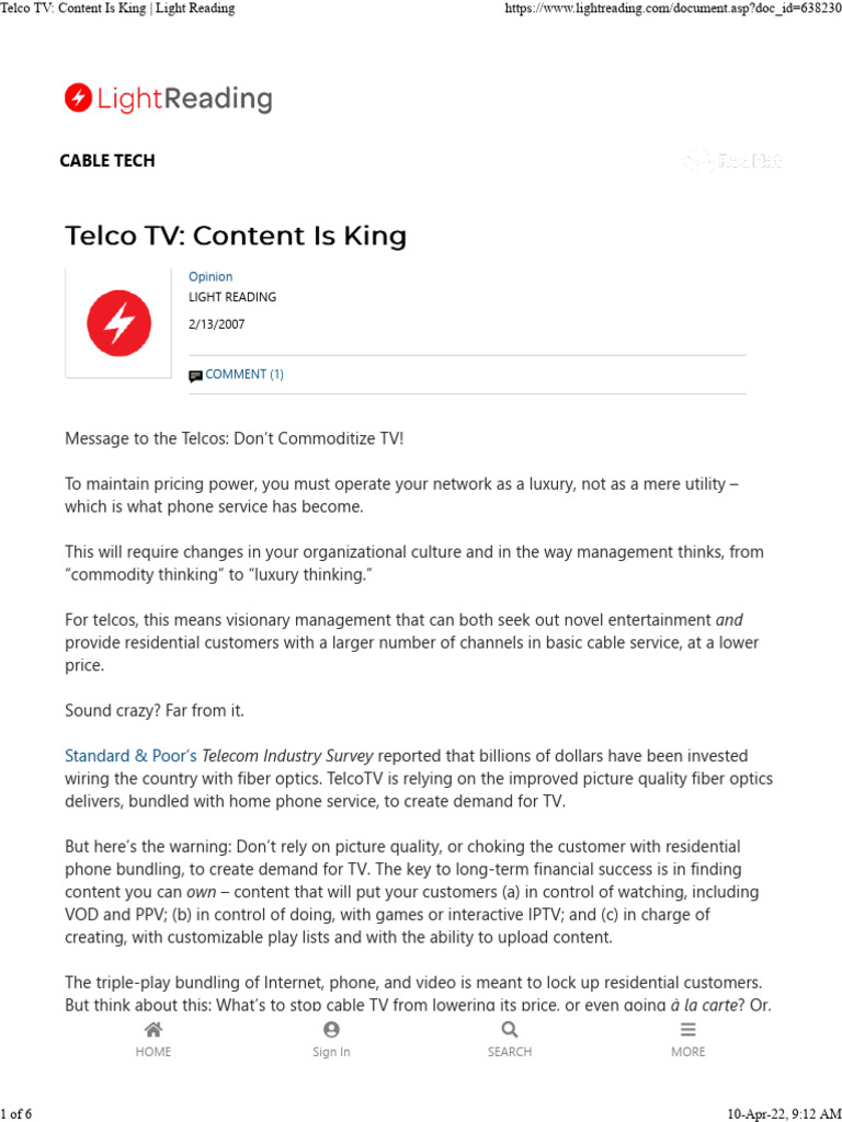 Lou Volpano Sample Telco TV Content Is King Light Reading | PDF ...