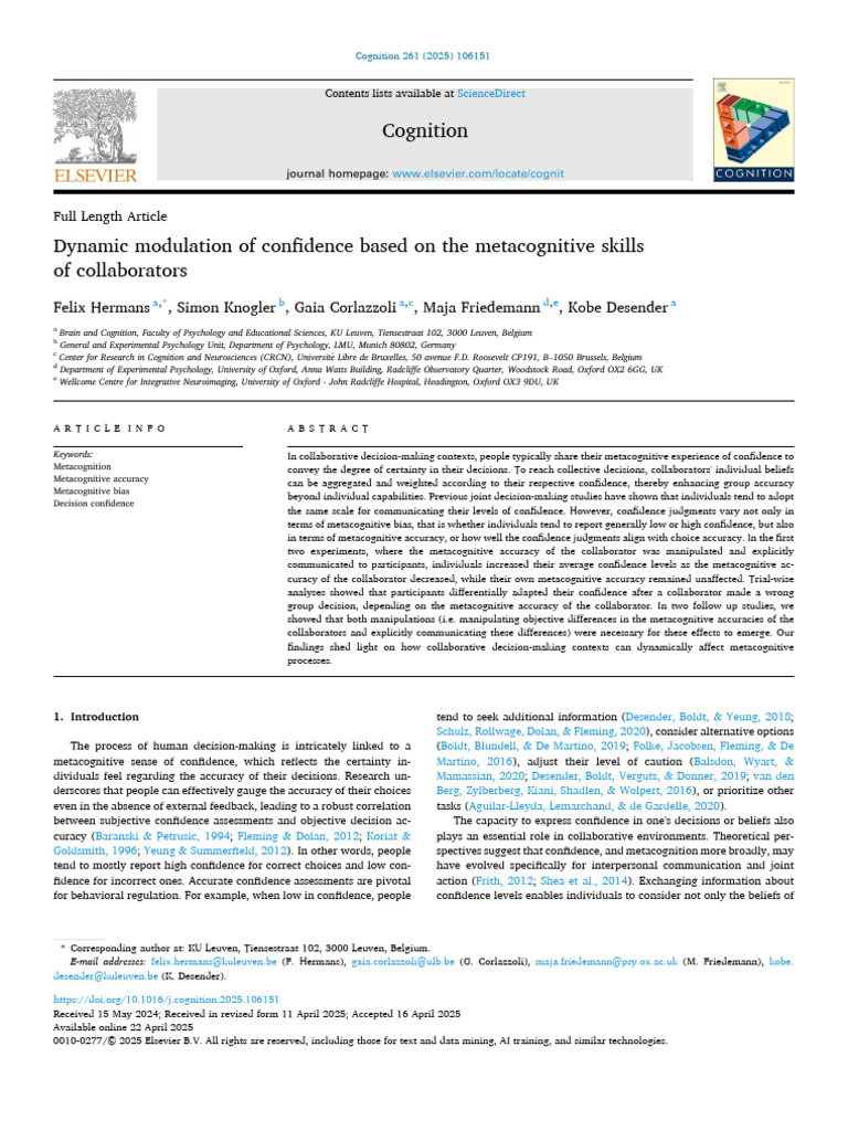 Dynamic Modulation of Confidence Based On The Metacognitive Skills of Collaborators | PDF ...