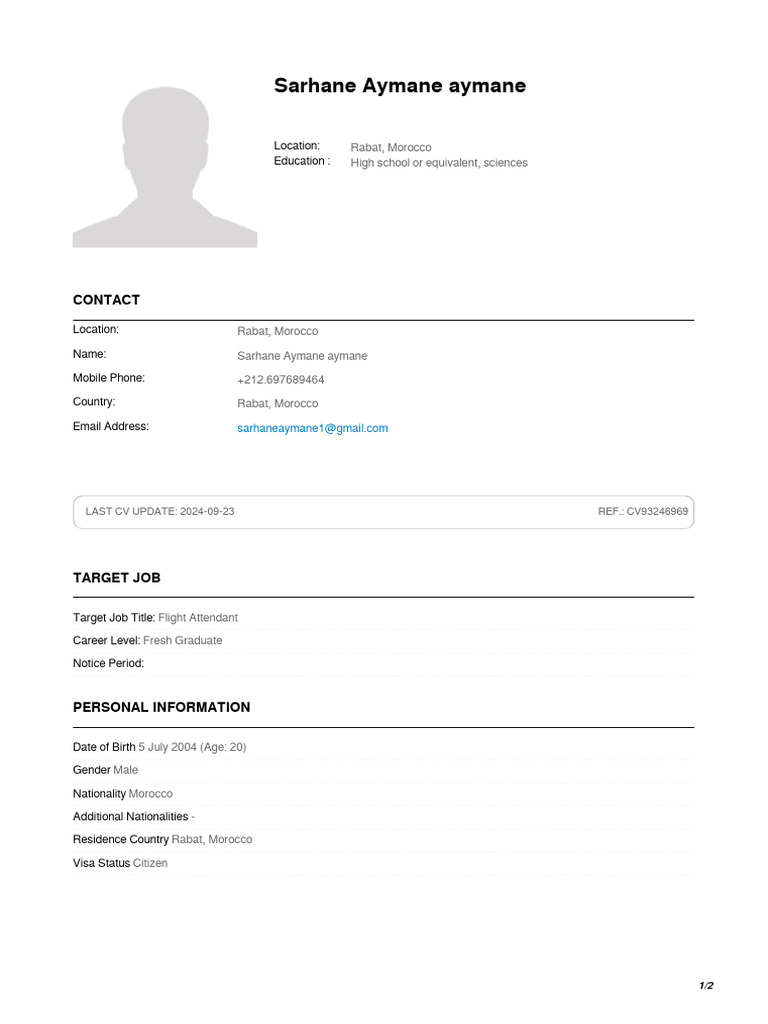 Cv93246969 Sarhane Aymane-Aymane Flight-Attendant | PDF