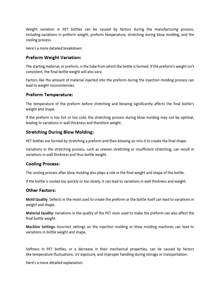 Weight Variation in PET Bottles Can Be Caused by Factors During The Manufacturing Process | PDF ...