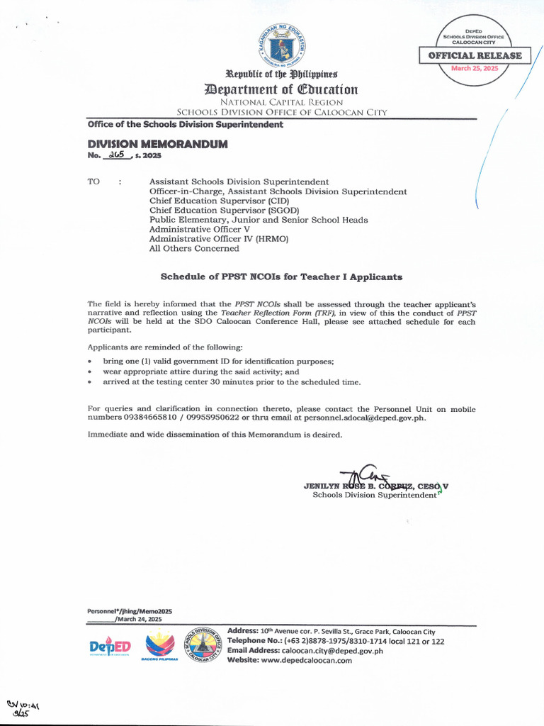 DM No. 265, s. 2025 - Schedule of PPST NCOIs for Teacher I Applicants ...
