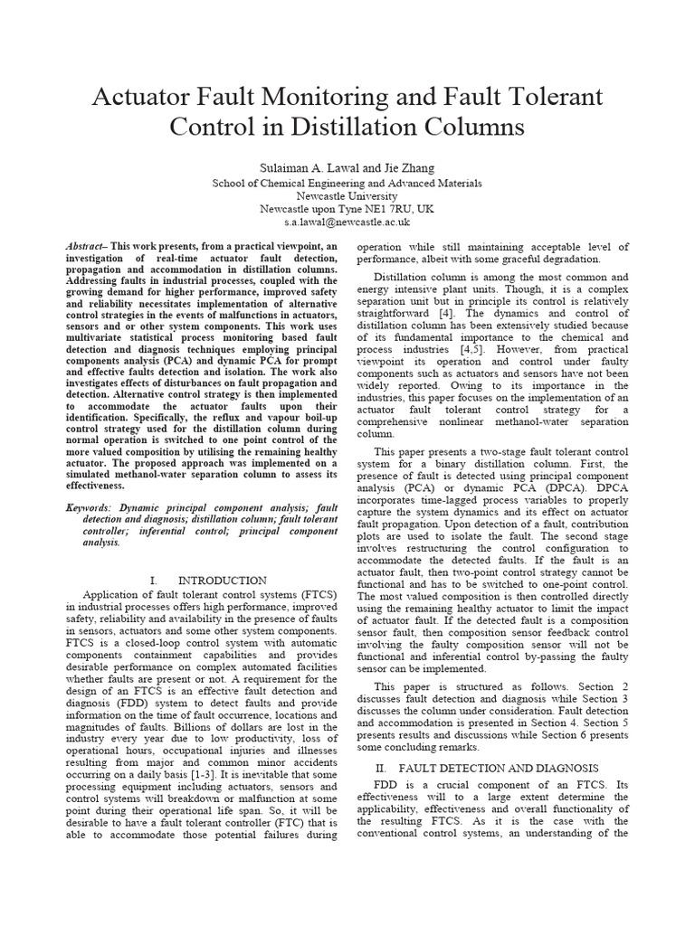 Actuator Fault Monitoring and Fault Tolerant Control in Distillation Columns | PDF | Principal ...