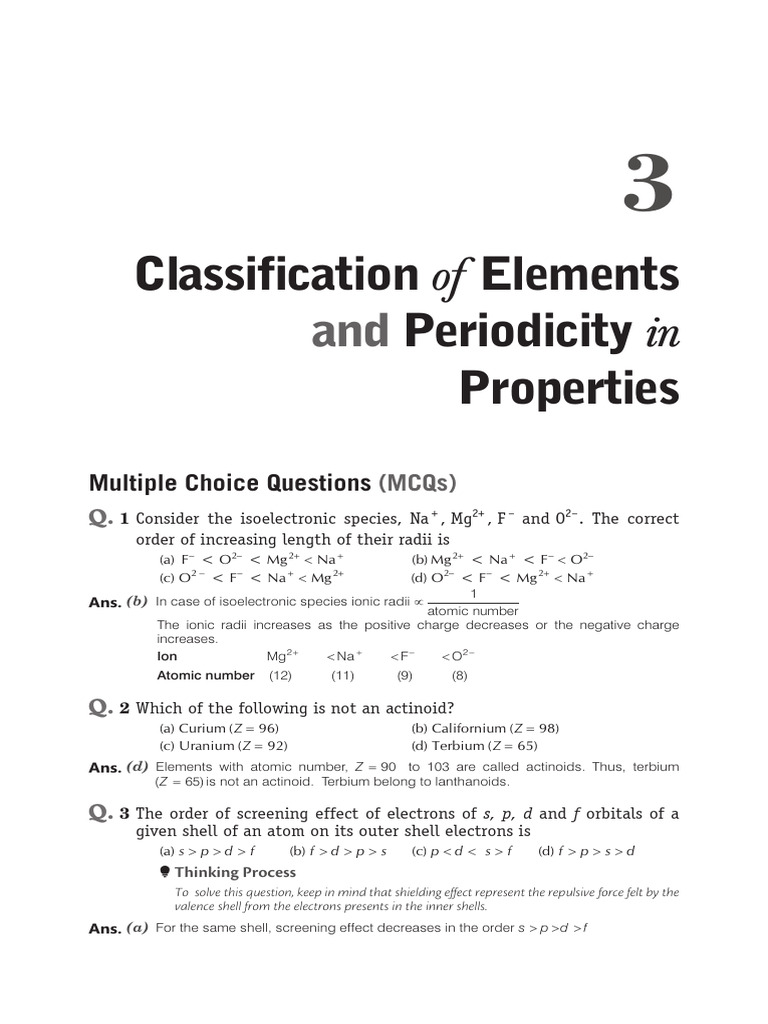Periodic Classification MCQs With Solutions (26-04-2025) | PDF | Electron Configuration ...