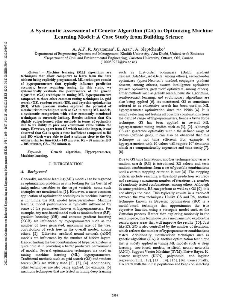 A Systematic Assessment of Genetic Algorithm GA in Optimizing Machine Learning Model A Case ...
