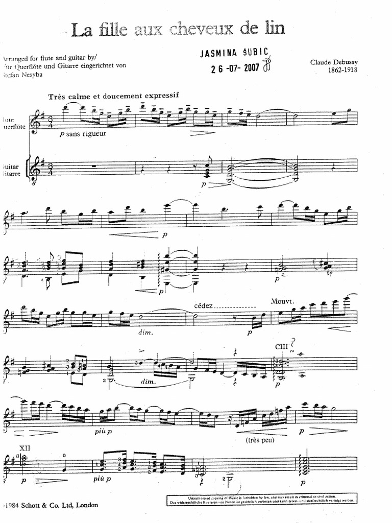 Debussy Fille Aux Cheveux de Lin Flute Et Guitare | PDF