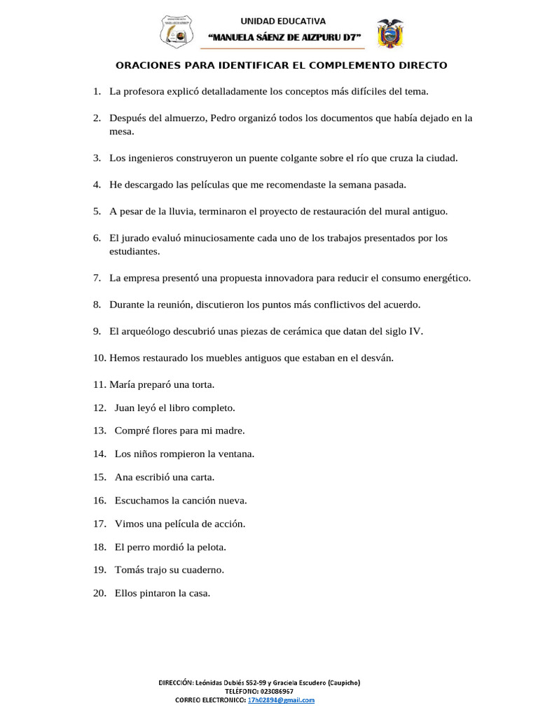 Oraciones para Identificar El Complemento Directo | PDF