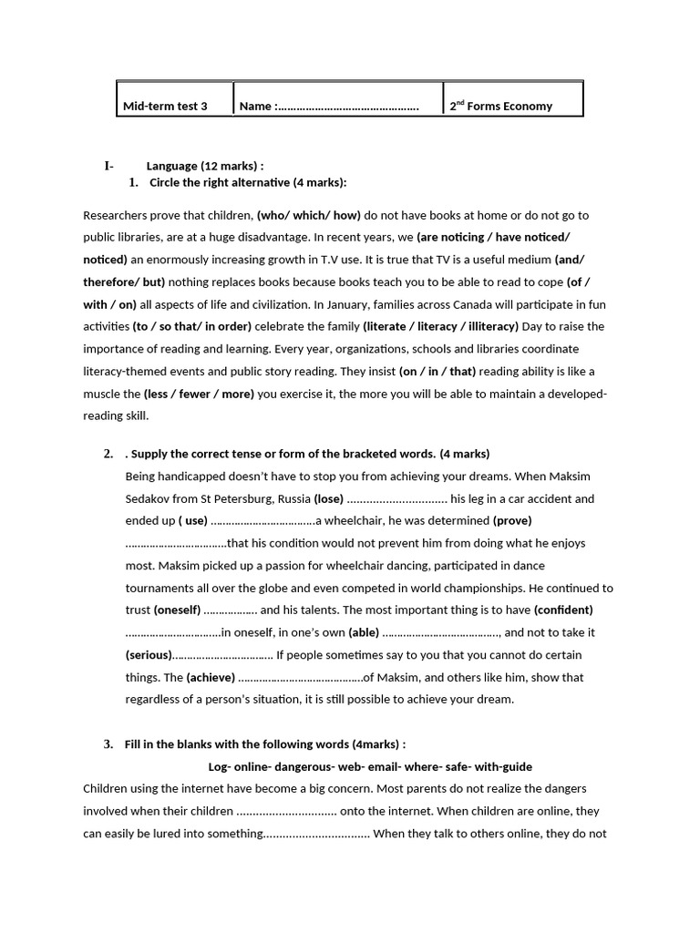 Midterm test 3- 2nd forms | PDF | Literacy | Human Communication