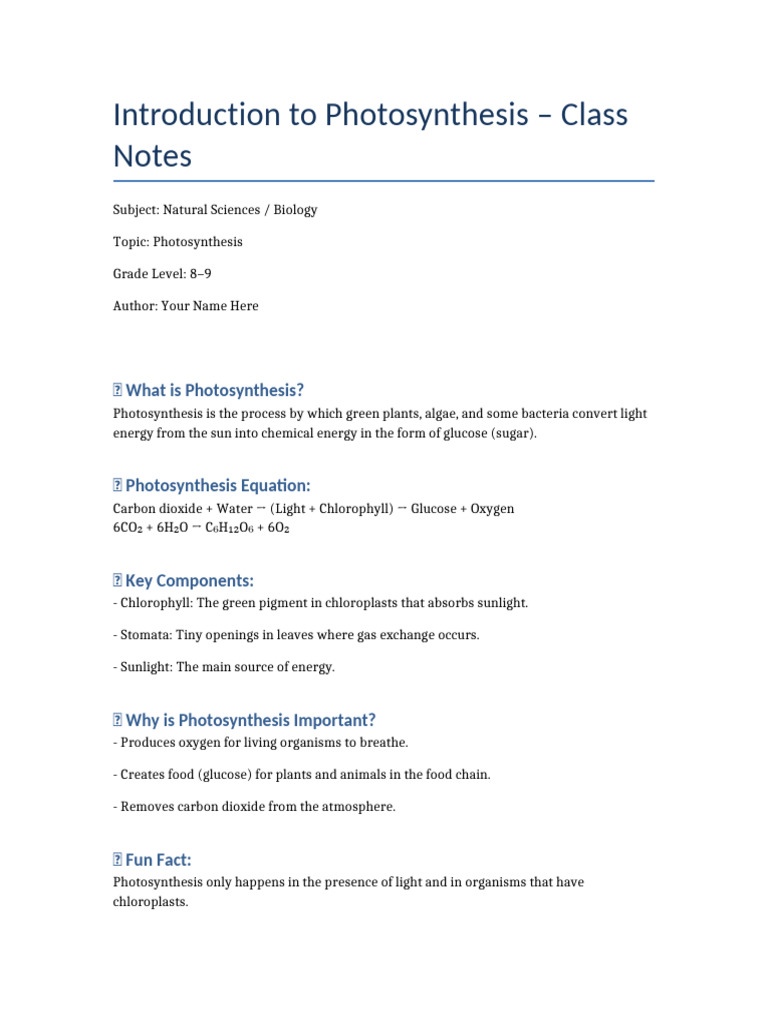 Photosynthesis Class Notes | PDF