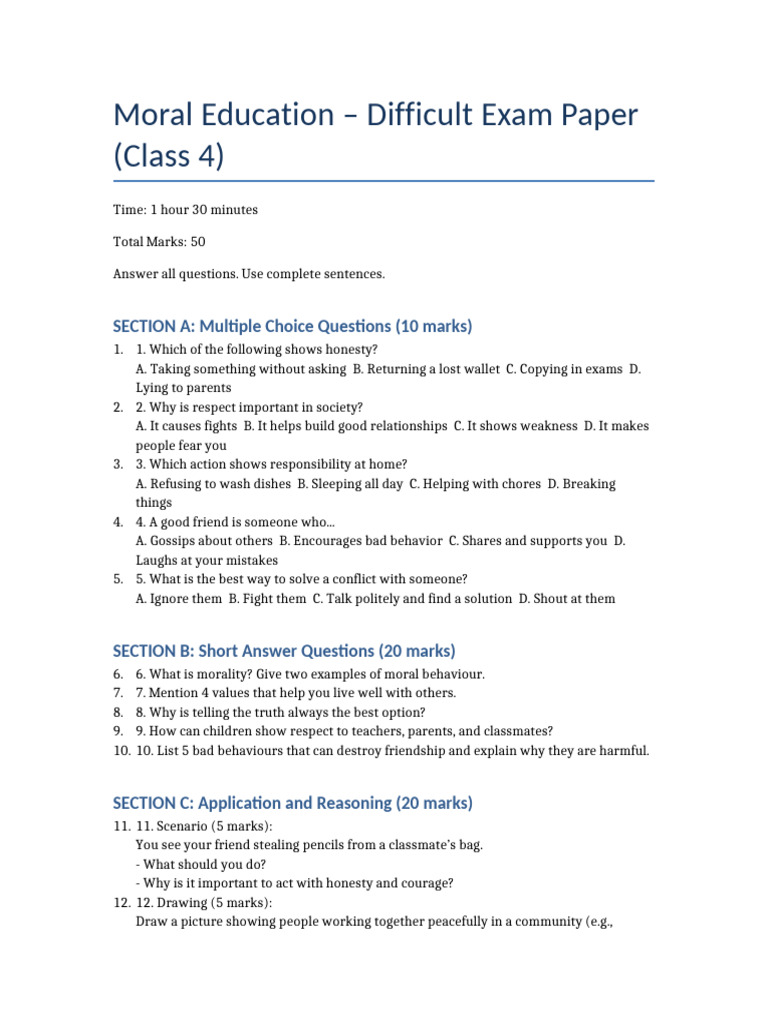 Moral Education Difficult Exam Class4 | PDF