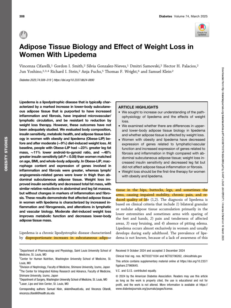 Adipose Tissue Biology and Effect of Weight Loss in Women With Lipedema ...