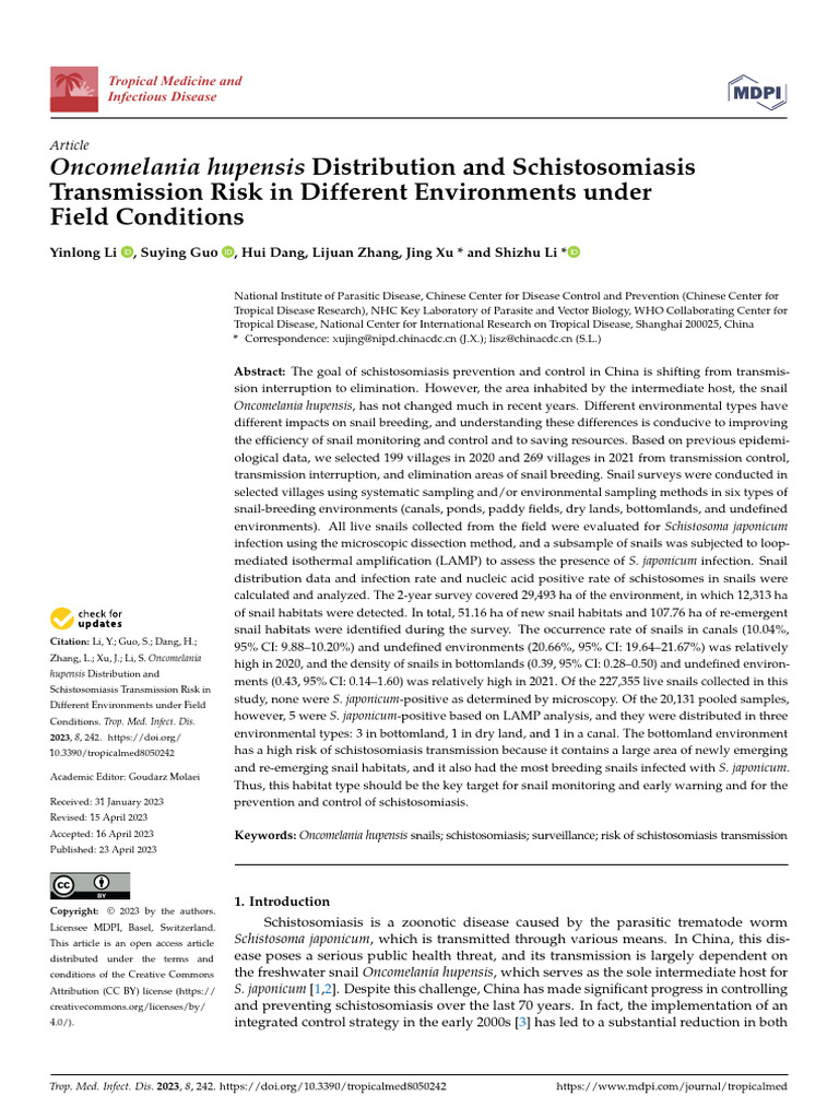 Oncomelania hupensis and Schistosomiasis Risk | PDF | Polymerase Chain ...