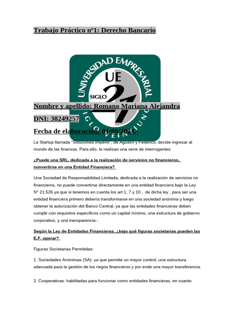 Trabajo Practico N 1 - Derecho Bancario | PDF | Bancos | Banco Comercial