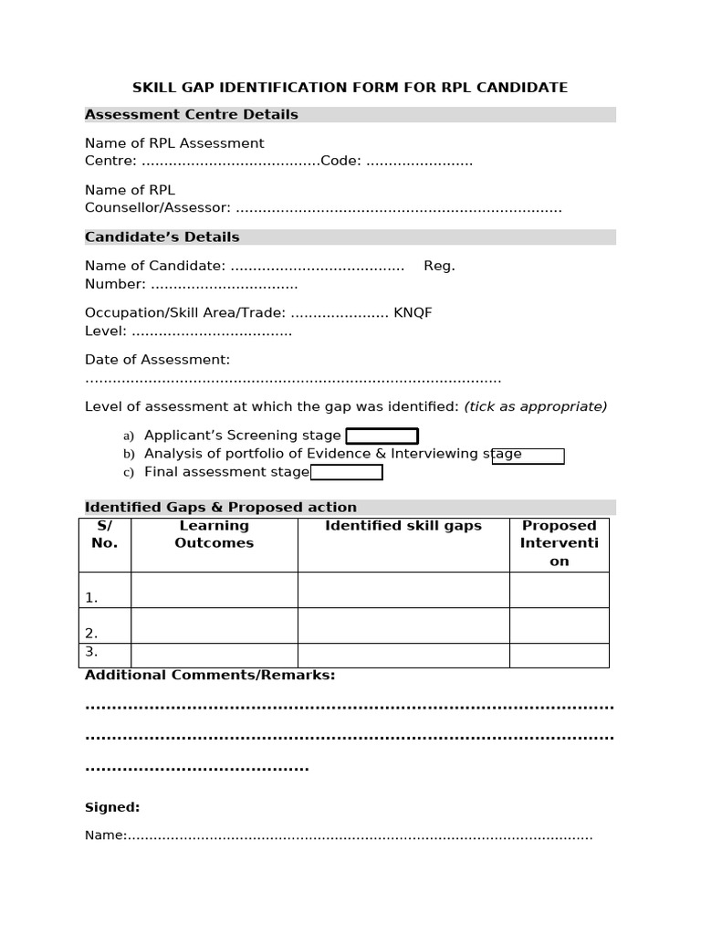 Skill Gap Identification Form For RPL Candidate | PDF