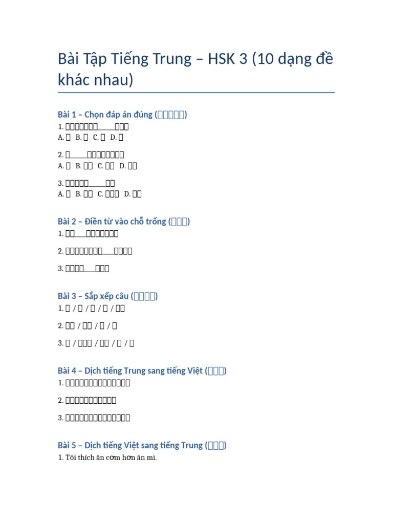 Bai Tap Tieng Trung HSK3 | PDF