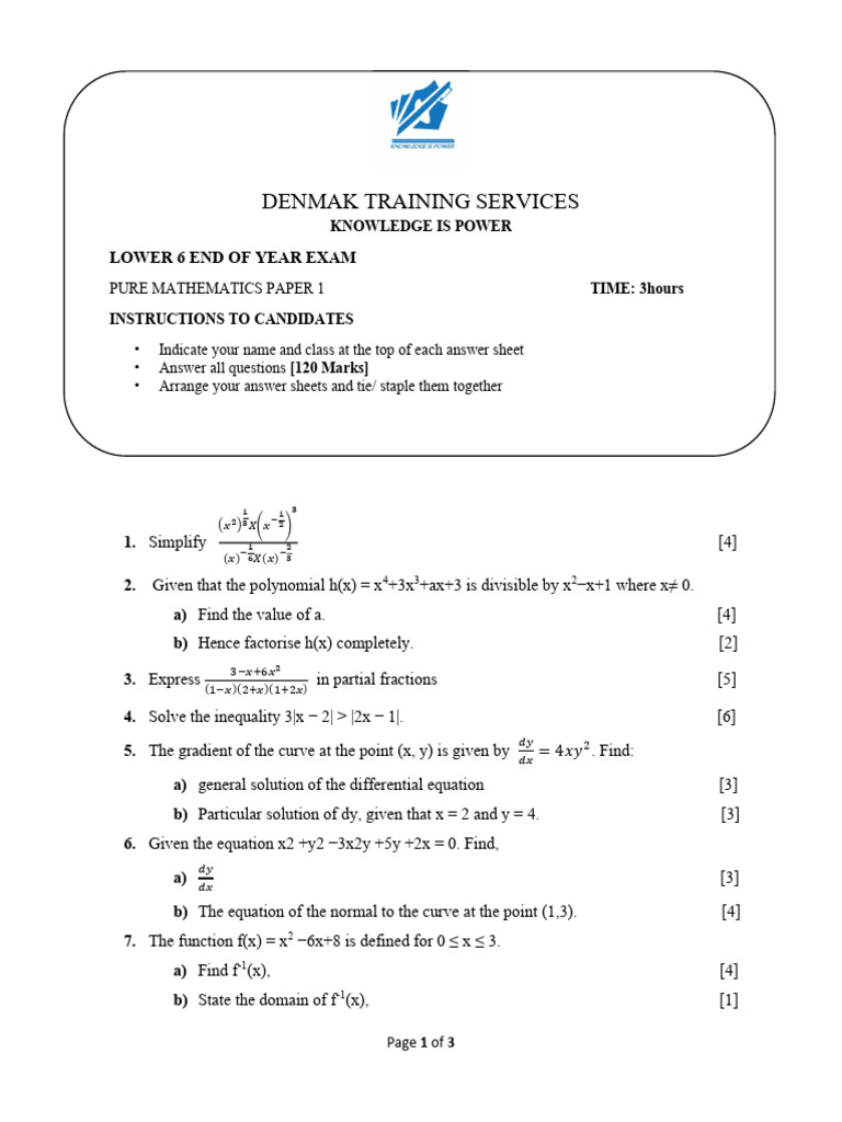 Form 5 Pure Mathematics Exam Paper | PDF | Equations | Inequality ...