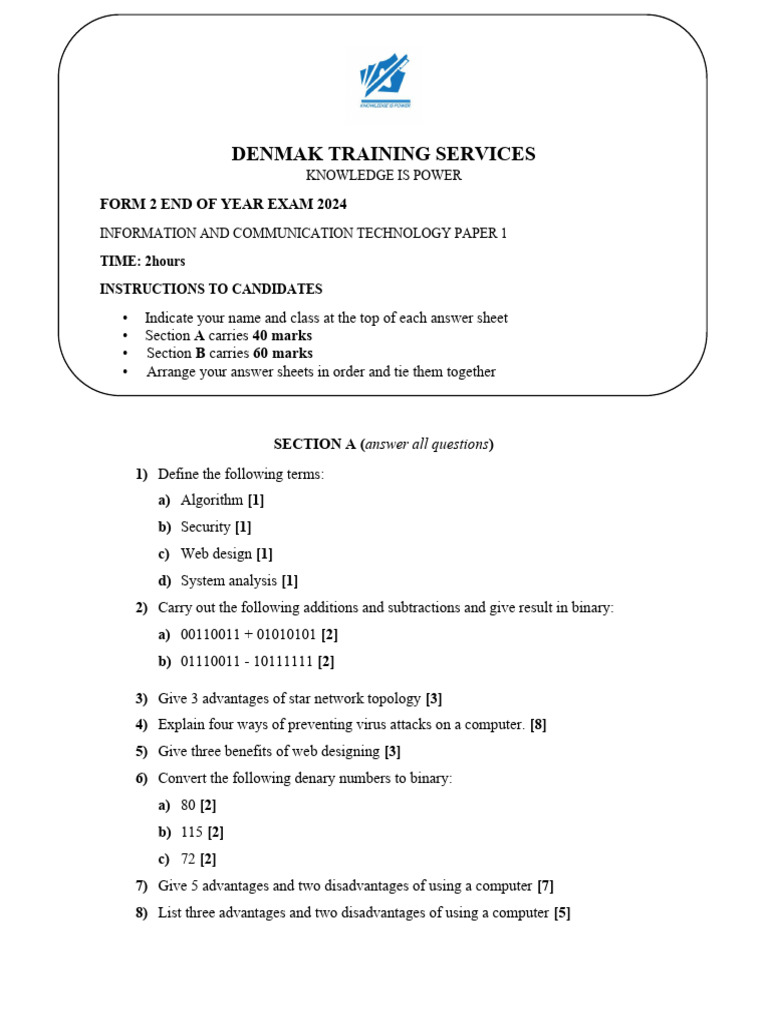 Form 2 ICT Paper 1 X 18 | PDF | Computer Science | Computing