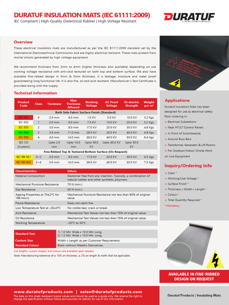 Duratuf IEC 61111 Electrical Insulation Mats TDS | PDF | Insulator ...