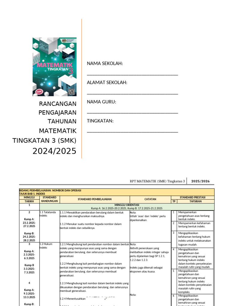 RPT MATEMATIK Tingkatan 3 2025-2026 by Rozayus Academy | PDF