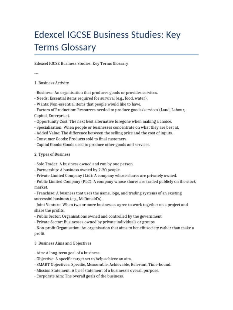 Edexcel IGCSE Business Studies Glossary | PDF | Employment | Marketing