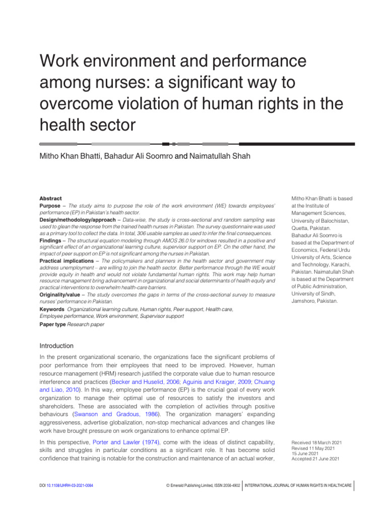 Nurses' Work Environment Impact on Performance | PDF | Job Satisfaction ...