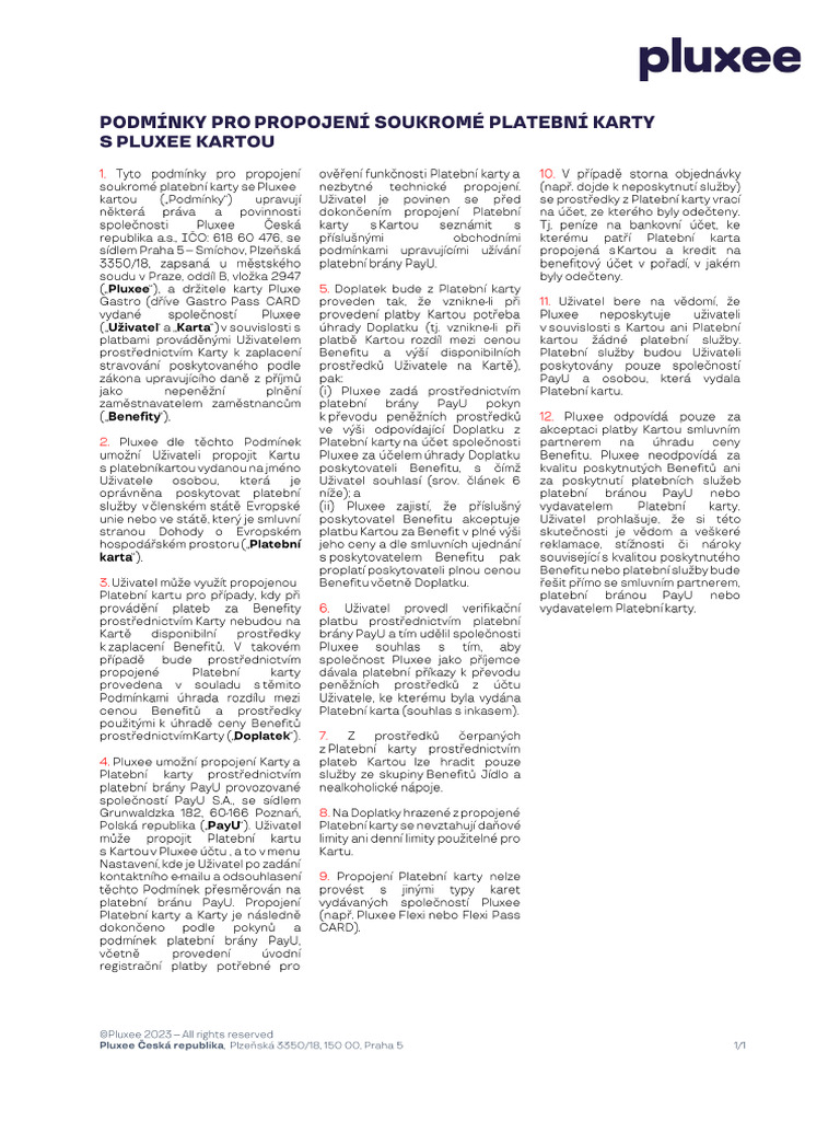 Podminky Pro Propojeni Soukrome Platebni Karty S Kartou Pluxee Gastro | PDF