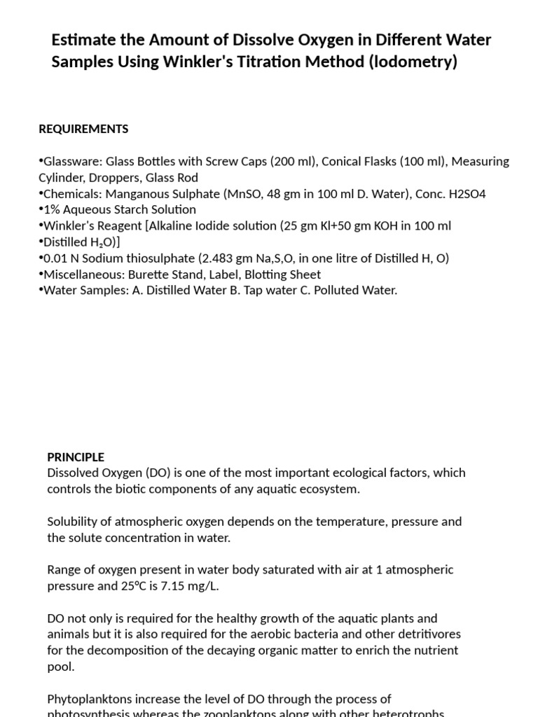 Estimation of Dissolve Oxygen in Water Sample | PDF | Titration | Chemistry