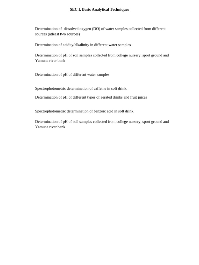List of Experiment, SEC I, Basic Analytical Techniques | PDF