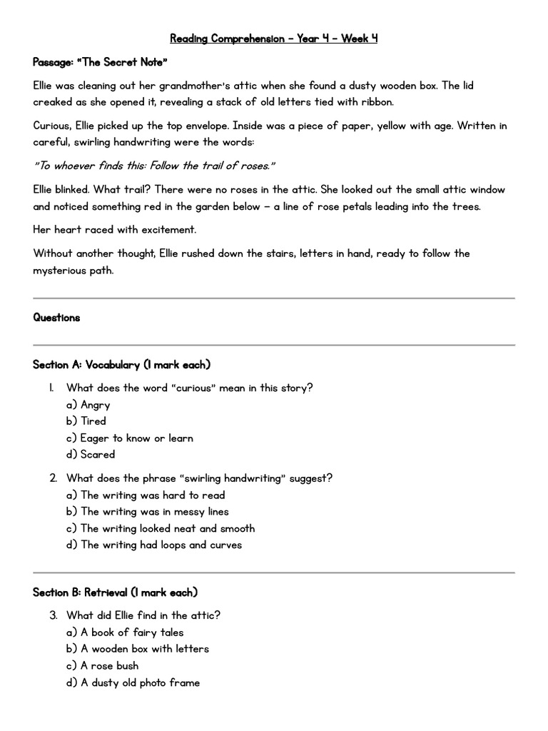 Year 4 Reading Comprehension - Week 4 | PDF | Reading Comprehension
