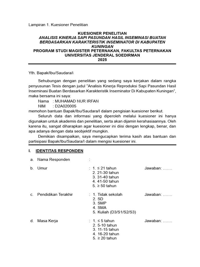 Lampiran 1. Kuesioner Penelitian | PDF