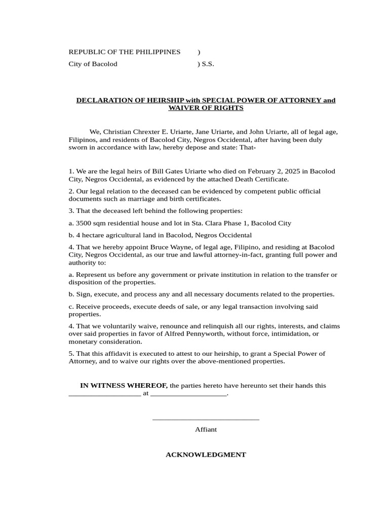 Declaration of Heirship With Special Power of Atty and Waiver of Rights ...
